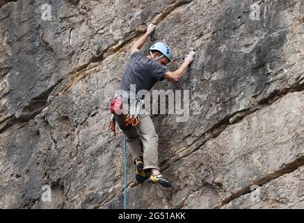 Rock climbing at Llanymynech Rock Nature Reserve, Wales, June 2021 ...