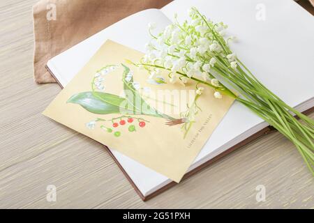 Blank book and beautiful lily-of-the-valley flowers on light background ...