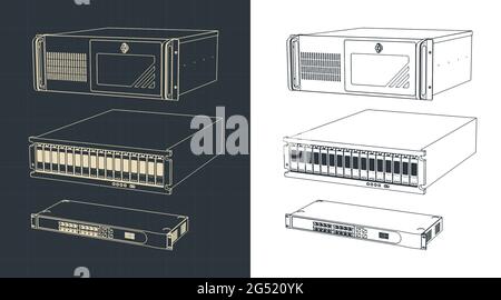 Stylized vector illustration of blueprints of units for server racks ...