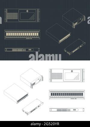 Stylized vector illustration of blueprints of units for server racks ...