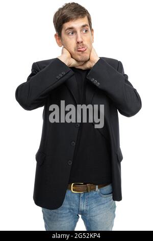 Business stress is choking him. A handsome young man pulling at his ...