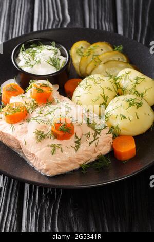Cold poached salmon kall inkokt lax with new potatoes closeup in the ...