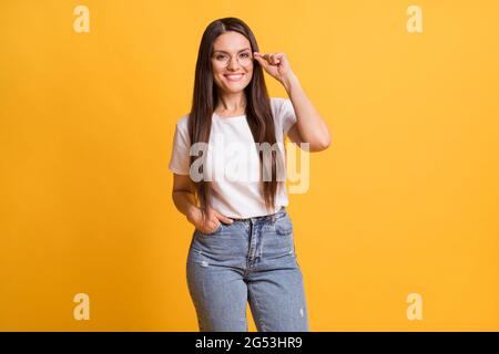 Photo of stunning cheerful lady wear stylish clothes presenting empty ...