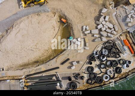Reconstruction maintenance a stack black PVC sewer pipes for drainage ...