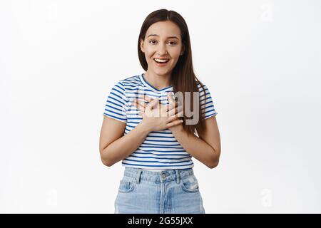 Thankful Female Standing Pose Studio Concept Stock Photo - Alamy