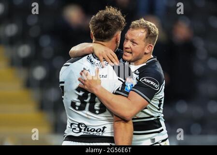 Jack Logan (30) of Hull FC celebrates his try with team mates Stock ...