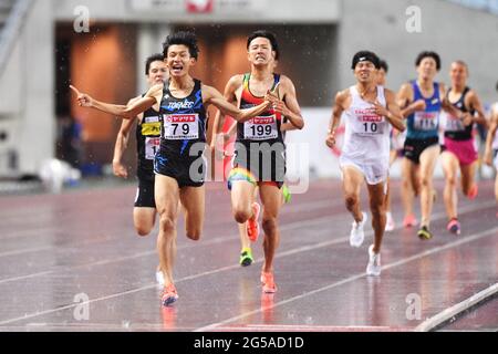 Osaka, Japan. June 25, 2021: Shuhei Tada (Lane 6) wins the men's 100 ...