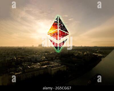 city panorama with crypto currency symbol on top of it, ethereum icons ...