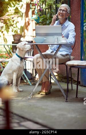 Mature woman with laptop cute Labrador dog in bedroom Stock Photo - Alamy