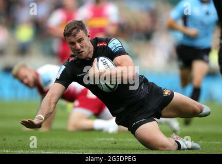 Exeter Chiefs' Ollie Devoto scores his side's fourth try of the game ...