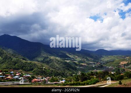 aerial view of Kundasang Sabah landscape and Mount Kinabalu at far ...