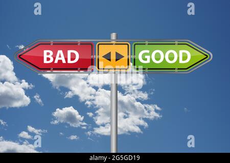 Good bad direction arrow sign post concept choice Stock Photo - Alamy