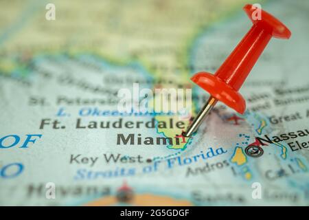 Miami map. Miami pin map. Close up of Miami map with red pin. Map with ...