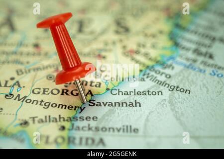 Savannah map. Savannah pin map. Close up of Savannah map with red pin ...