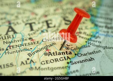 Atlanta map. Atlanta pin map. Close up of Atlanta map with red pin. Map ...