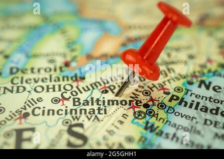 Baltimore map. Baltimore pin map. Close up of Baltimore map with red ...