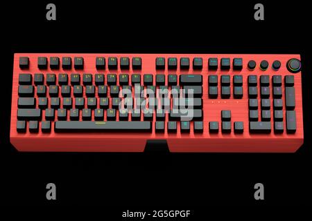 Red computer keyboard with rgb colors isolated on black background ...