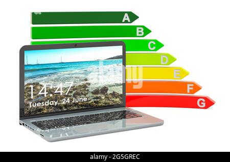 Laptop with energy efficiency chart, 3D rendering isolated on white ...