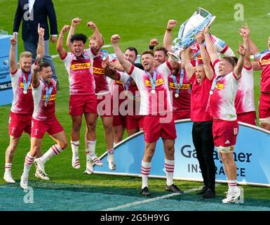 Exeter Chiefs celebrate with the trophy after the European Champions ...