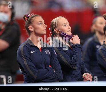 June 27, 2021: RILEY MCCUSKER competes on the uneven bars at the Dome ...