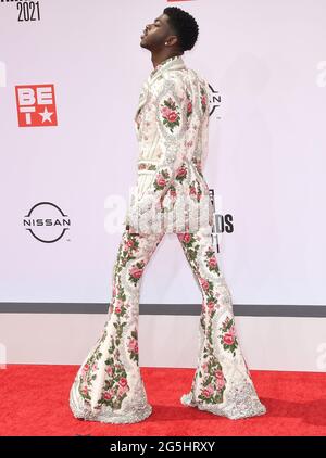 Lil Nas X arrives at the BET Awards 2021 held at the Microsoft Theater ...