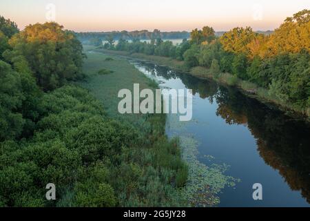 The aerial view of the oxbow lake of the Drava River with water lily ...