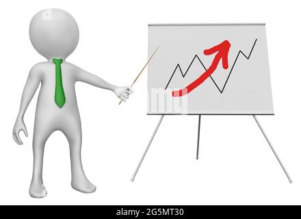 3D figure in front of flip chart with sales curve isolated on white ...