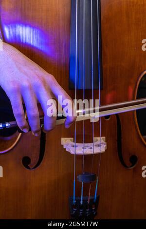 Musician and musical instrument in light directed on him. Electric ...