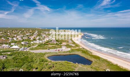 Aerial view of Ditch Plains beach and surrounding area, Montauk, NY ...