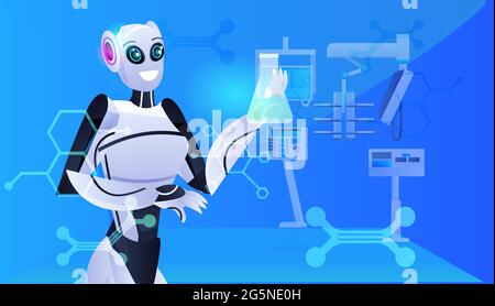 robot holding test tube with liquid robotic chemist making experiments ...