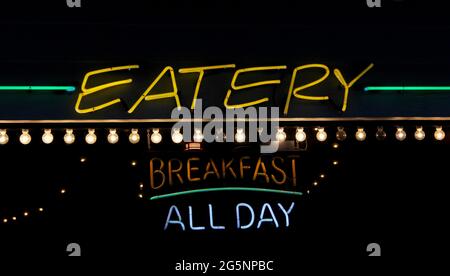 Neon Eatery and Breakfast All Day Sign Stock Photo - Alamy