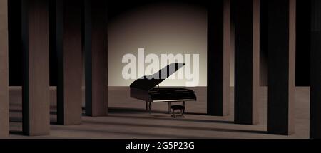 Grand piano in cement and concrete interior architecture. Art and ...