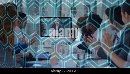 Composition of network of digital screens over people clapping in ...