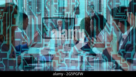 Composition of network of digital screens over people clapping in ...