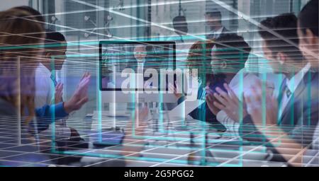 Composition of network of digital screens over people clapping in ...