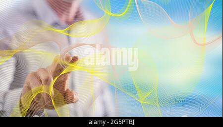 Man touching an abstract wave network concept on a touch screen with ...