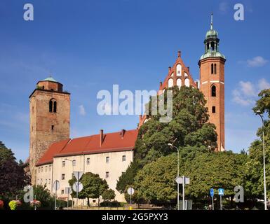 Old bell tower and church of Holiest Heart of Jesus in Zary. Poland ...
