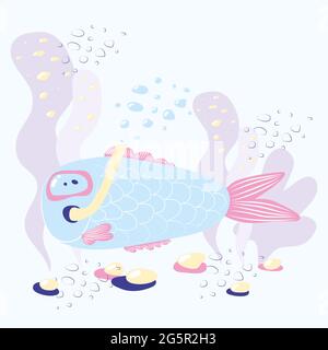 Diving snorkeling underwater world cartoon background with dolphin ...