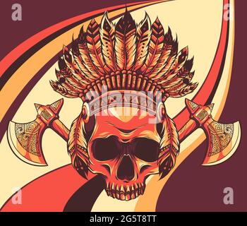 Human skull. Dead Native American Indian with feathers in vintage style ...