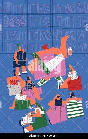 Illustration of Kids Reading Books in an Outer Space Themed Library ...