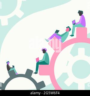 Four Teammates Drawing Sitting On Gears Using Laptop Showing Team ...