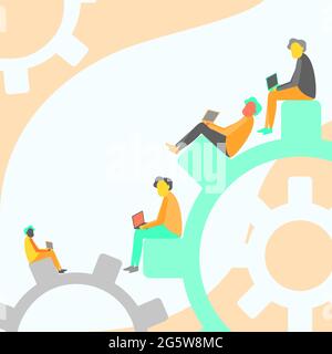Four Teammates Drawing Sitting On Gears Using Laptop Showing Team ...