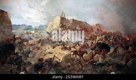 . Oil painting depicting a Russian assault on the fortress of Geok Tepe ...
