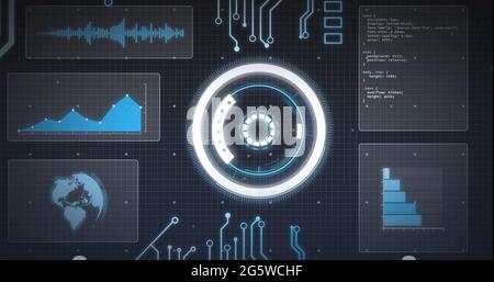 Image of statistics recording and scope scanning on screens over grid ...