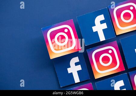 LONDON, UK - June 2021: Facebook and Instagrm logos printed onto paper ...