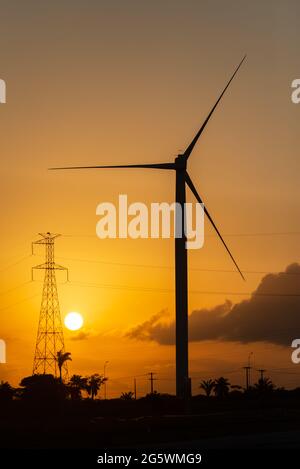 Wind turbines on background of Brazil flag. sustainable development ...