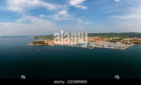 Aerial cityscape about Izola town Slovenia. Unique mediterranic cute ...