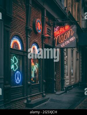 Let There Be Neon sign in Tribeca, Manhattan, New York City Stock Photo ...