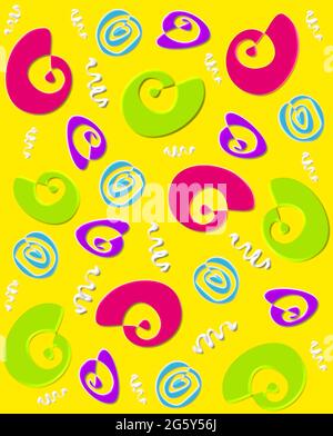 Swirls and spirals in bright green, blue, pink and purple glow against ...