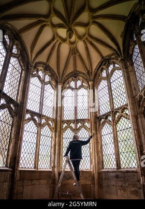 Conservator Leesa Vere-Stevens cleans stone work at Gainsborough Old ...